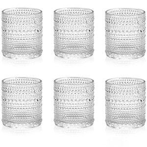 cosnou mini rock glasses, 6.5 oz（200ml） hobnail drinking glasses set 6, embossed vintage glassware set for beer, cocktail, soda, beverage clear