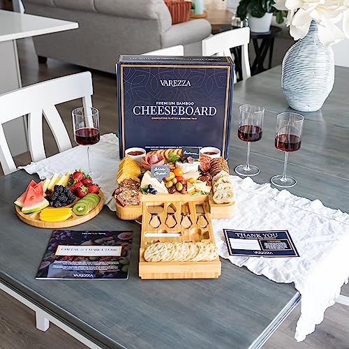 VAREZZA Extra Large Charcuterie Boards Set: Bamboo Cheese Board and Knife Set - Cheese Tray, Round Bamboo Fruit Cheese Platter, 10 Charcuterie Boards Accessories, House Warming Gifts New Home - Unique