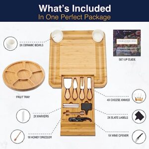 VAREZZA Extra Large Charcuterie Boards Set: Bamboo Cheese Board and Knife Set - Cheese Tray, Round Bamboo Fruit Cheese Platter, 10 Charcuterie Boards Accessories, House Warming Gifts New Home - Unique