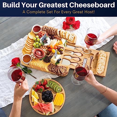 VAREZZA Extra Large Charcuterie Boards Set: Bamboo Cheese Board and Knife Set - Cheese Tray, Round Bamboo Fruit Cheese Platter, 10 Charcuterie Boards Accessories, House Warming Gifts New Home - Unique