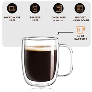 2-Pack 16 Oz Double Walled Glass Coffee Mugs with Handle Spoon,Insulated Layer Coffee Cups,Clear Borosilicate Glass Mugs,Perfect for Cappuccino,Tea,Latte,Espresso,Hot Beverage,Wine