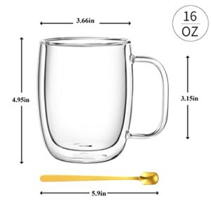 2-Pack 16 Oz Double Walled Glass Coffee Mugs with Handle Spoon,Insulated Layer Coffee Cups,Clear Borosilicate Glass Mugs,Perfect for Cappuccino,Tea,Latte,Espresso,Hot Beverage,Wine