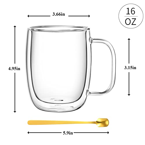 2-Pack 16 Oz Double Walled Glass Coffee Mugs with Handle Spoon,Insulated Layer Coffee Cups,Clear Borosilicate Glass Mugs,Perfect for Cappuccino,Tea,Latte,Espresso,Hot Beverage,Wine