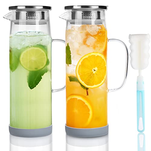 CUCUMI 2pcs 50oz Glass Pitcher with Stainless Steel Lid, 1.5 Liter Glss Water Carafe Heat Resistant Glass Jug for Iced Tea, Milk, Coffee, Juice