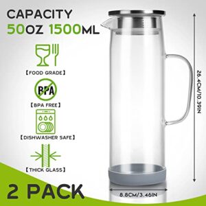 CUCUMI 2pcs 50oz Glass Pitcher with Stainless Steel Lid, 1.5 Liter Glss Water Carafe Heat Resistant Glass Jug for Iced Tea, Milk, Coffee, Juice