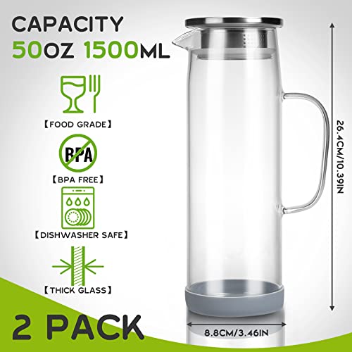 CUCUMI 2pcs 50oz Glass Pitcher with Stainless Steel Lid, 1.5 Liter Glss Water Carafe Heat Resistant Glass Jug for Iced Tea, Milk, Coffee, Juice