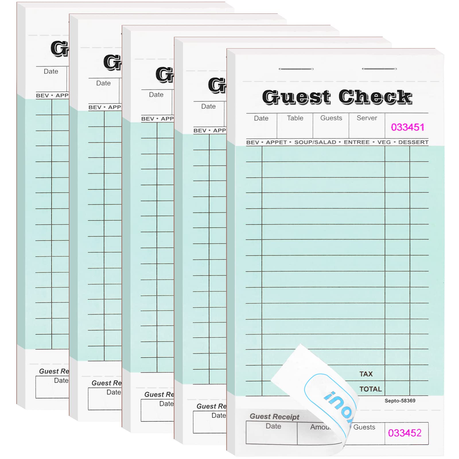 5 Pack Server Note Pads, Guest Check Books for Servers, Guest Checks Notepad for Waiter Waitress Servers, Waitress Notepad for Restaurants Food Order, 50 Sheets/Pad, Green Guest Check