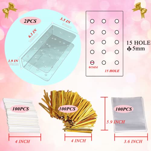 Aongch 2PCS Cake Pop Display Stand with 300 PCS Cake Pop Sticks and Wrappers Kit, 15 Hole Clear Acrylic Lollipop Holder for Weddings Birthday Parties Anniversaries Halloween Candy Decorative