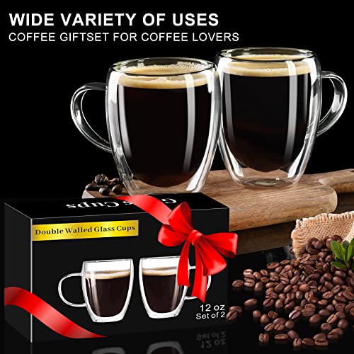 PARACITY Coffee Mugs Set of 2, Double Wall Coffee Mug 12 OZ, Glass Coffee Mugs with Handle, Insulated Coffee Mug for Cappuccino/Latte/Coffee, Borosilicate Glass Coffee Cups for Kitchen/Travel