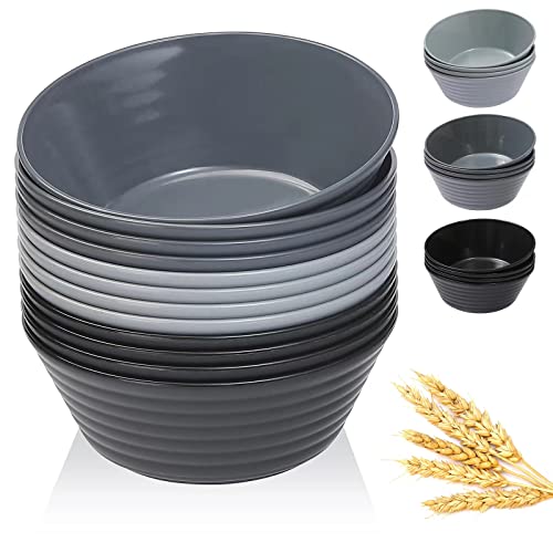 DUOLUV Cereal Bowls 36 OZ, Set of 12 Unbreakable Wheat Straw Plastic Serving Snack Bowls Dishwasher Microwave Safe Reusable Large Soup Dessert Bowls for Kitchen Parties Camping Black Gray