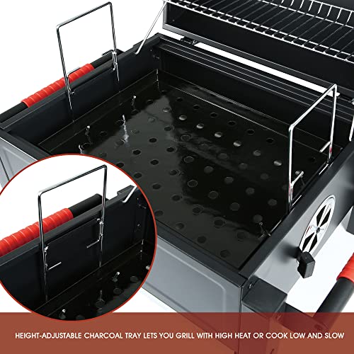 FEASTO Portable Charcoal Grill with Two Silicone Holding Handles, Tabletop grilling with 354 Square Inches Cooking Area, Convenient for outdoor Camping and Picnic, Black，L26.8’’x W20’’x H21.3’’