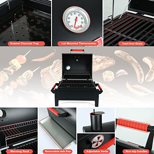 FEASTO Portable Charcoal Grill with Two Silicone Holding Handles, Tabletop grilling with 354 Square Inches Cooking Area, Convenient for outdoor Camping and Picnic, Black，L26.8’’x W20’’x H21.3’’