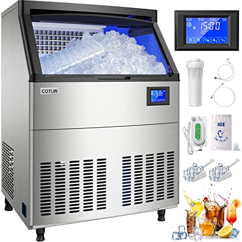 COTLIN Commercial Ice Machine 200LBS/24H with 80LBS Storage Bin, 26” Air Cooled Freestanding Ice Maker 10LBS Ice Bags Undercounter Clear Cube Ice Machine for Home Bar Restaurant, 115V (P518A)