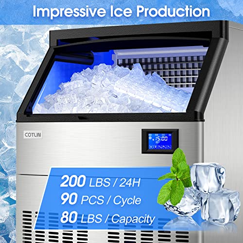 COTLIN Commercial Ice Machine 200LBS/24H with 80LBS Storage Bin, 26” Air Cooled Freestanding Ice Maker 10LBS Ice Bags Undercounter Clear Cube Ice Machine for Home Bar Restaurant, 115V (P518A)