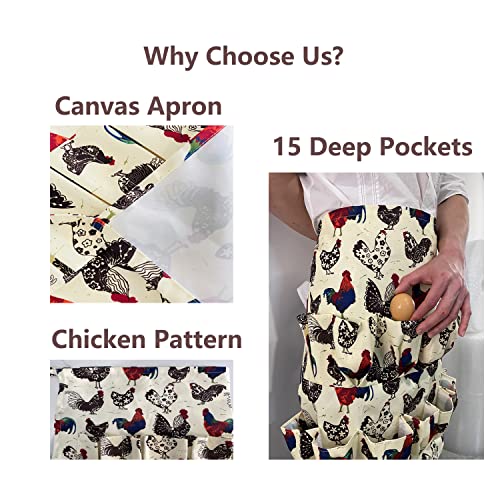 NahNah Egg Apron, 15 Deep Pockets Egg Collecting Apron for Chicken Duck Goose Eggs, Durable Canvas Egg Holding Aprons Gift for Chicken Owners