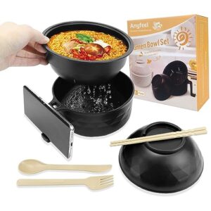 anyfeel microwave ramen bowl set, ramen cooker with chopsticks and phone holder, dishwasher safe microwave noodle cooker for college dorm room office instant cooking (black)