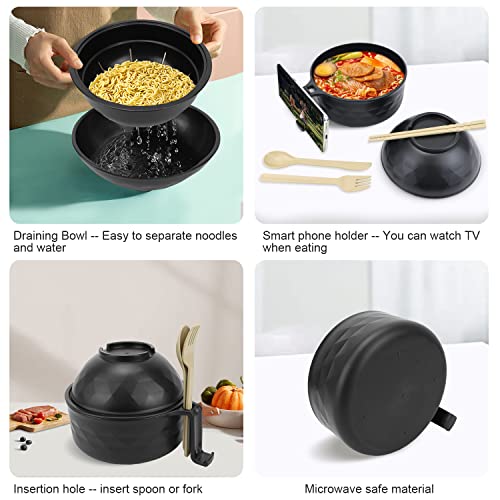 Anyfeel Microwave Ramen Bowl Set, Ramen Cooker with Chopsticks and Phone Holder, Dishwasher Safe Microwave Noodle Cooker for College Dorm Room Office Instant Cooking (Black)