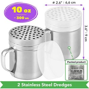 CUSINIUM 10oz Metal Parmesan Cheese Shakers with Large Holes - With Handle - Chili Flakes Dispensers - Pizza Shakers - Pack of 2 | Style: Coarse