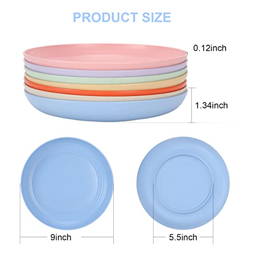 ZongXing Plastic Plates Reusable, 14 Pack 9 inch Wheat Straw Plates, Lightweight Unbreakable Dinner Plates Set, Healthy Cereal Dishes Dishwasher & Microwave Safe