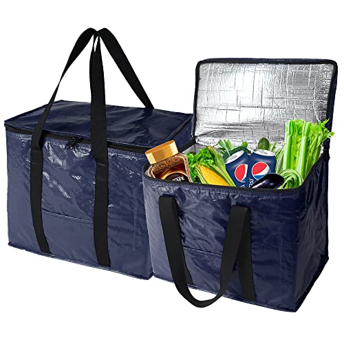 BeeGreen 2 Packs Navy Blue Cooler Bags Insulated Food Delivery Bags Collapsible Reusable Grocery Bags Insulated Shopping Bags for Groceries Pizza X-Large Catering Supplies