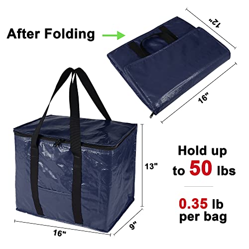 BeeGreen 2 Packs Navy Blue Cooler Bags Insulated Food Delivery Bags Collapsible Reusable Grocery Bags Insulated Shopping Bags for Groceries Pizza X-Large Catering Supplies