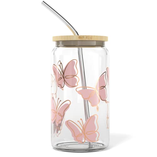 Iced Coffee Cup with Bamboo Lids and Straws | 16 oz Mason Jar Cups & Iced Coffee Tumbler with Lid and Straw | Glass Cups for Iced Coffee, Boba Cup | Beer Can Glass & Smoothie Cup - Butterfly