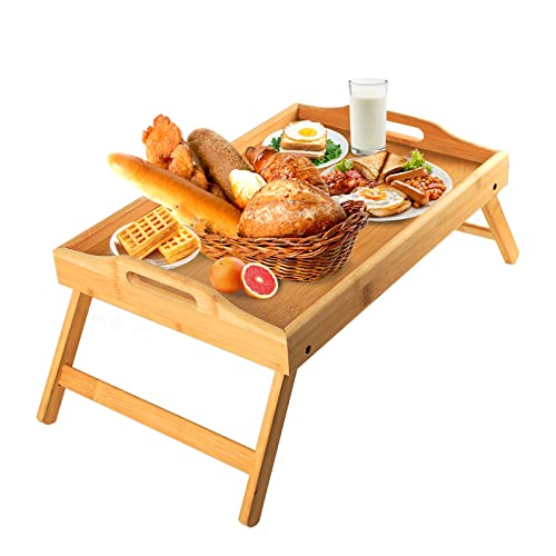 ANALIM Bed Tray Table with Folding Legs, Bamboo Breakfast Tray with Handles for Bed, Sofa, Eating, Working, Foldable Laptop Desk Food Snack Tray Serving Tray