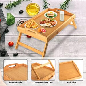 ANALIM Bed Tray Table with Folding Legs, Bamboo Breakfast Tray with Handles for Bed, Sofa, Eating, Working, Foldable Laptop Desk Food Snack Tray Serving Tray