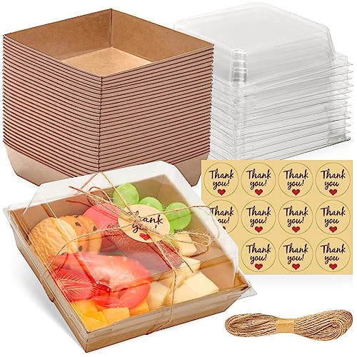 50 Pack Small Charcuterie Boxes with Clear Lids - To Go Paper Mini Charcuterie Box, Disposable Food Containers, 5Inch Dessert Boxes for Sandwich, Cookie, Sushi, Cake Slice, Strawberries (Brown)