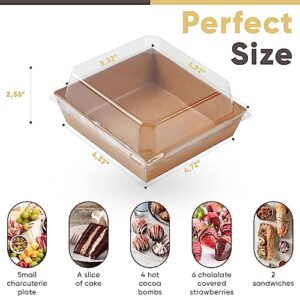 50 Pack Small Charcuterie Boxes with Clear Lids - To Go Paper Mini Charcuterie Box, Disposable Food Containers, 5Inch Dessert Boxes for Sandwich, Cookie, Sushi, Cake Slice, Strawberries (Brown)