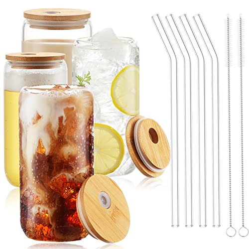 Woisut Glass Cups with Lids and Straws 4pcs Set - 16oz Drinking Glasses, Beer Glasses, Iced Coffee Cups, Cute Glass Tumbler for Smoothie, Milk Tea, Whiskey, Gifts for Women Men