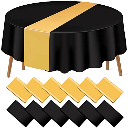 12 Pack 12x108 Inch Satin Table Runner and 84 Inch Round Plastic Tablecloths Set Black and Gold Disposable Round Table Cover for Graduation Wedding Bridal Shower Anniversary Birthday Party Decorations