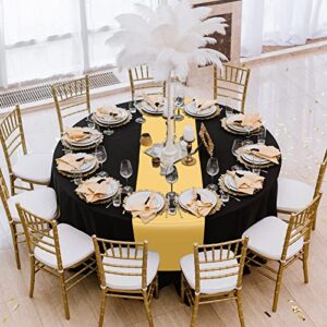 12 Pack 12x108 Inch Satin Table Runner and 84 Inch Round Plastic Tablecloths Set Black and Gold Disposable Round Table Cover for Graduation Wedding Bridal Shower Anniversary Birthday Party Decorations