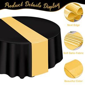 12 Pack 12x108 Inch Satin Table Runner and 84 Inch Round Plastic Tablecloths Set Black and Gold Disposable Round Table Cover for Graduation Wedding Bridal Shower Anniversary Birthday Party Decorations