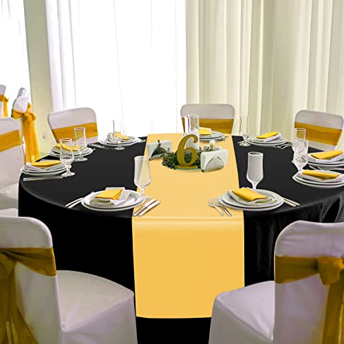 12 Pack 12x108 Inch Satin Table Runner and 84 Inch Round Plastic Tablecloths Set Black and Gold Disposable Round Table Cover for Graduation Wedding Bridal Shower Anniversary Birthday Party Decorations