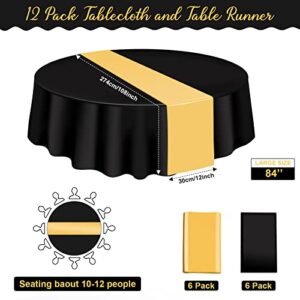 12 Pack 12x108 Inch Satin Table Runner and 84 Inch Round Plastic Tablecloths Set Black and Gold Disposable Round Table Cover for Graduation Wedding Bridal Shower Anniversary Birthday Party Decorations