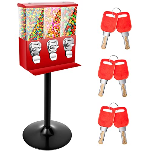 Treela Commercial Candy Vending Machine with Stand, Gumball Vending Machine for Business, Triple Head Vending Machine with Removable Canisters, 25 Cent Coin Operated Candy Dispenser for Park Stores