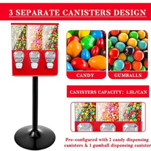 Treela Commercial Candy Vending Machine with Stand, Gumball Vending Machine for Business, Triple Head Vending Machine with Removable Canisters, 25 Cent Coin Operated Candy Dispenser for Park Stores