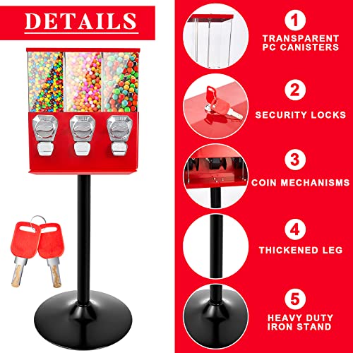 Treela Commercial Candy Vending Machine with Stand, Gumball Vending Machine for Business, Triple Head Vending Machine with Removable Canisters, 25 Cent Coin Operated Candy Dispenser for Park Stores