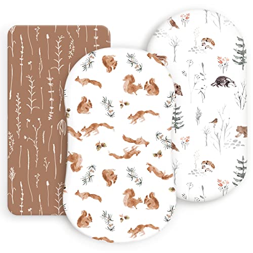 Stretchy Ultra Soft Fitted Bassinet Sheet Set 3 Pack, Universal Fit for Bassinets Baby Cradle Moses Basket Oval Rectangle Mattress Safe and Snug, Cute Jungle Squirrels and Animals