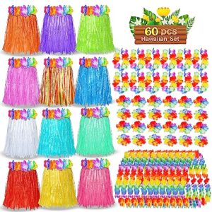 60 pcs hawaiian luau hula skirts decorations , hawaiian grass skirts leis necklaces bracelets for tropical beach party holiday party favor decorations tropical themed party dance,festive occasions