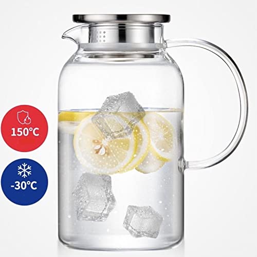 2.0 Liter 68oz Glass Pitcher with Lid, Easy Clean Heat Resistant Glass Water Carafe with Handle for Hot/Cold Beverages - Water, Cold Brew, Iced Tea & Juice