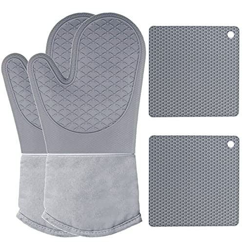 Win Change Oven Mitts Silicone Heat Resistant,Oven Mitts and Pot Holders Sets Soft Cotton Lining,Waterproof,Thick Gloves Pot Holders for Kitchen Baking Cooking,Pack of 4 (Agray)