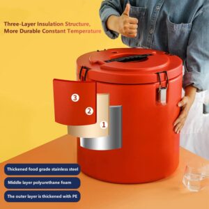 Insulated Soup Pan Carrier Portable Commercial Hot -Cold Hot Box Food Warmer Large Insulation Barrel Cooler Carrier 15Qt 18/8 Stainless Steel Lining with Dust Cover (Red, 13Qt)