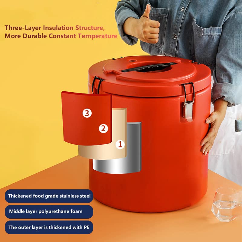 Insulated Soup Pan Carrier Portable Commercial Hot -Cold Hot Box Food Warmer Large Insulation Barrel Cooler Carrier 15Qt 18/8 Stainless Steel Lining with Dust Cover (Red, 13Qt)