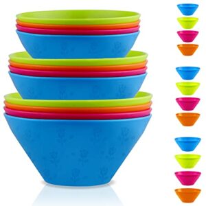 evanda plastic bowls set 12 pieces, 3 sizes 14/20/25oz unbreakable reusable light weight bowl for cereal, noodle, soup, pasta, ramen, popcorn, ice cream, fruit, salad and all purpose