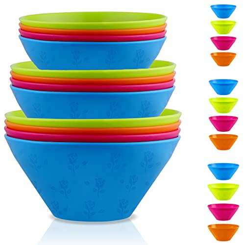 Evanda Plastic Bowls Set 12 Pieces, 3 Sizes 14/20/25oz Unbreakable Reusable Light Weight Bowl for Cereal, Noodle, Soup, Pasta, Ramen, Popcorn, Ice Cream, Fruit, Salad and All Purpose