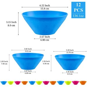 Evanda Plastic Bowls Set 12 Pieces, 3 Sizes 14/20/25oz Unbreakable Reusable Light Weight Bowl for Cereal, Noodle, Soup, Pasta, Ramen, Popcorn, Ice Cream, Fruit, Salad and All Purpose