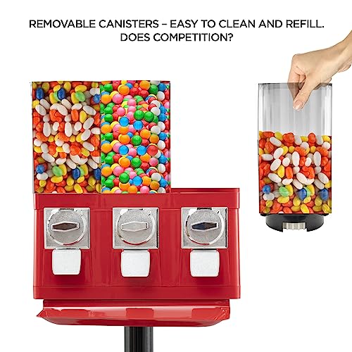 Vending Machines for Business Gumball Machine with Stand Candy Vending Machines Triple Pod Standing Dispenser for Commercial Use to Dispense Gumballs Candies Using Quarter with Removable Canisters