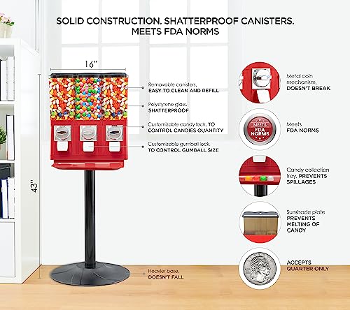 Vending Machines for Business Gumball Machine with Stand Candy Vending Machines Triple Pod Standing Dispenser for Commercial Use to Dispense Gumballs Candies Using Quarter with Removable Canisters